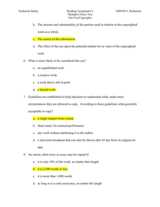 Multiple choice quiz for copyright laws and fair use | DOCX