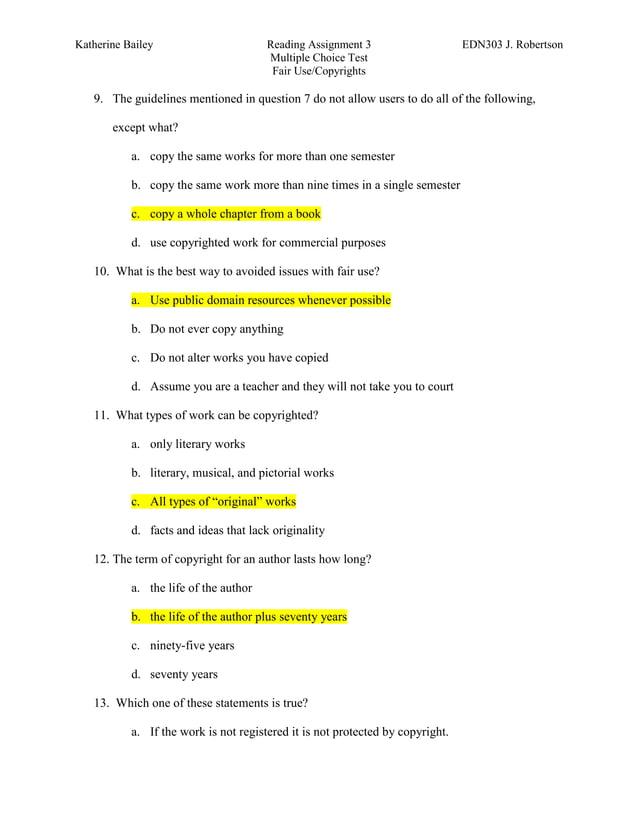 Multiple choice quiz for copyright laws and fair use | DOCX