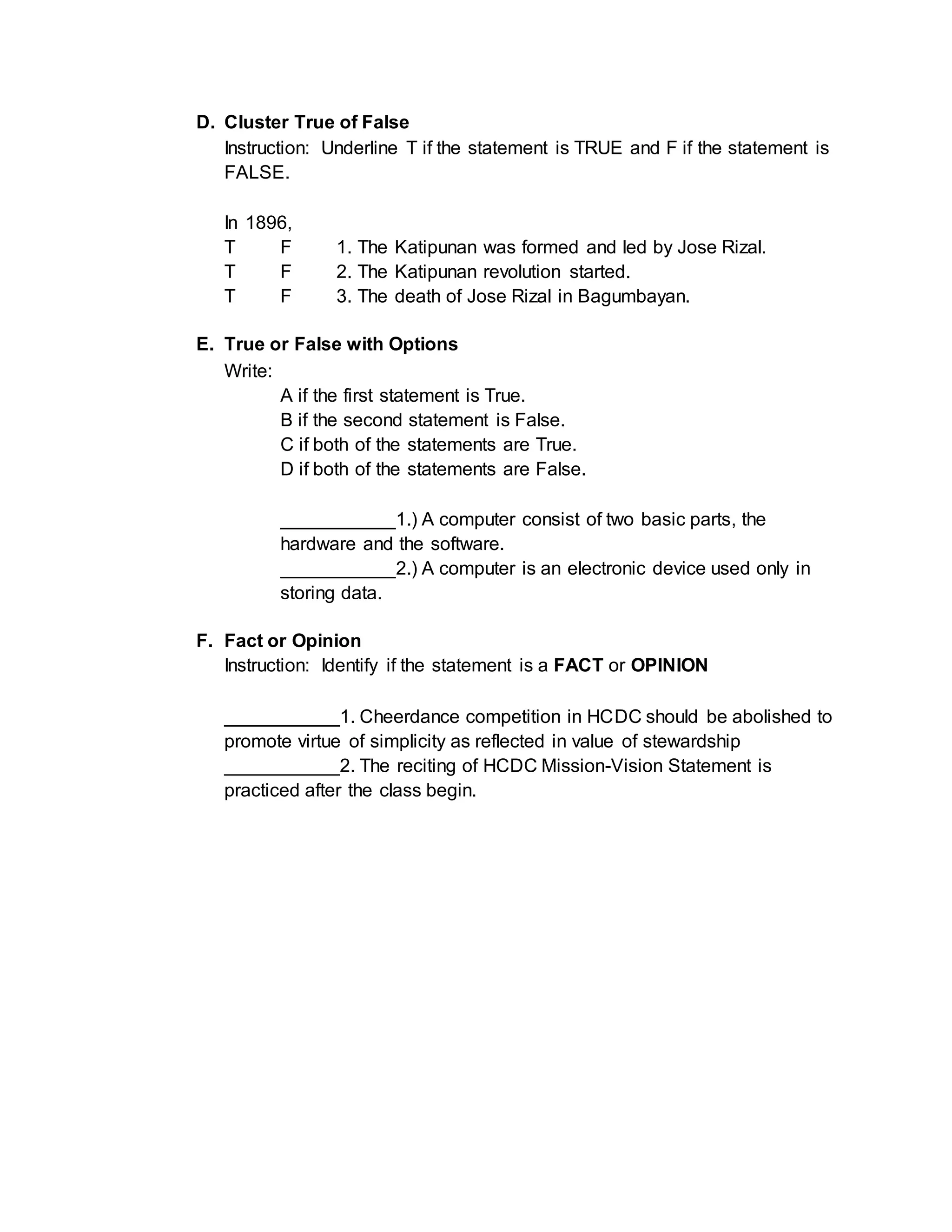Test type questions | DOCX
