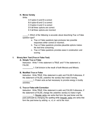 Multiple Choice Test Directions