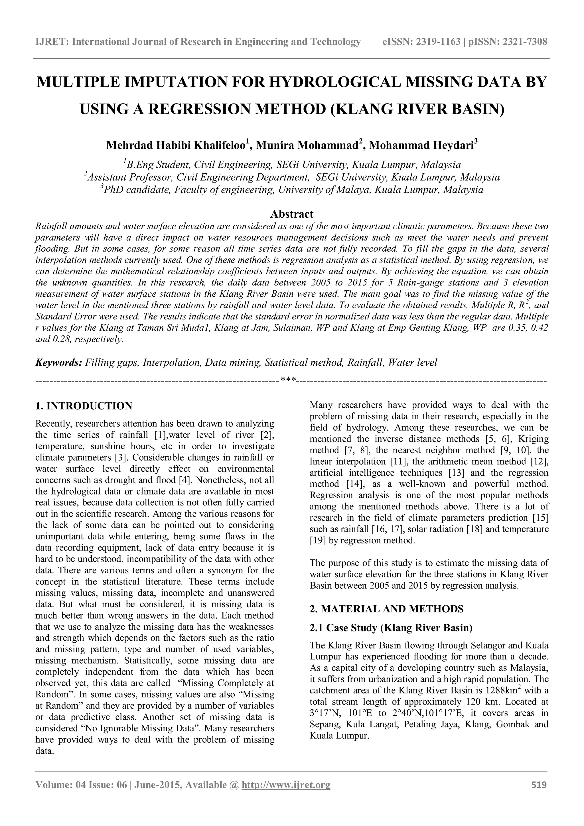 Multiple imputation for hydrological missing data by using a regression method (klang river ...