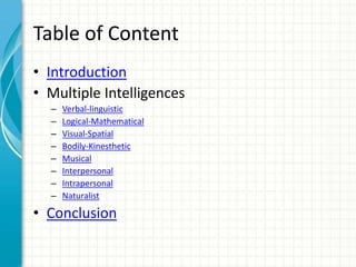 Multiple intelligences and technology tools presentation | PPTX