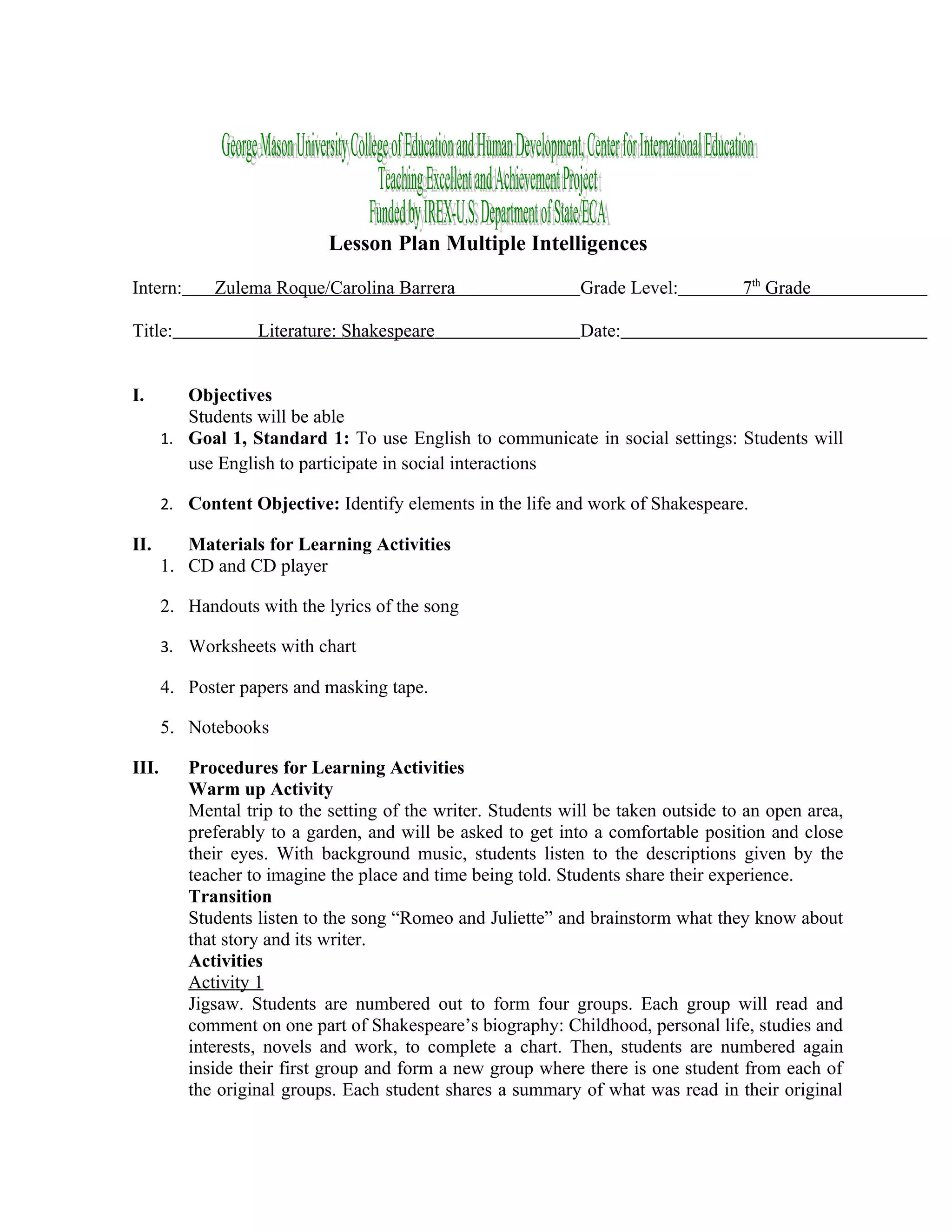 Multiple Intelligences Plan | DOC | Homework and Study | Education