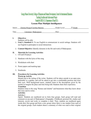 Multiple Intelligences Plan | DOC | Homework and Study | Education