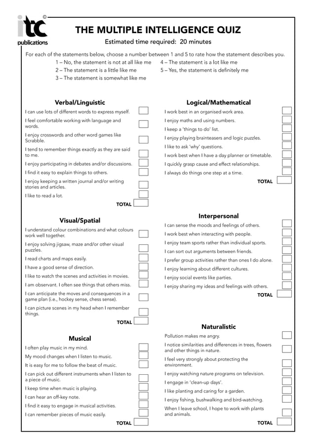 Multiple intelligences quiz | PDF | Games and Puzzles | Hobbies & Interests