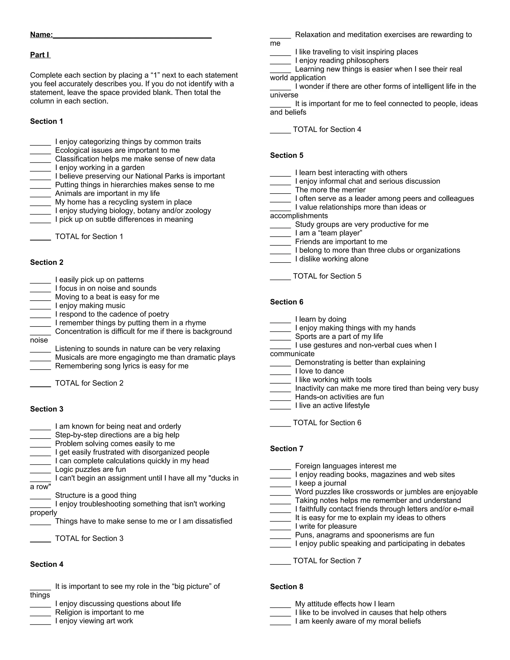 Multiple Intelligences Survey | DOC