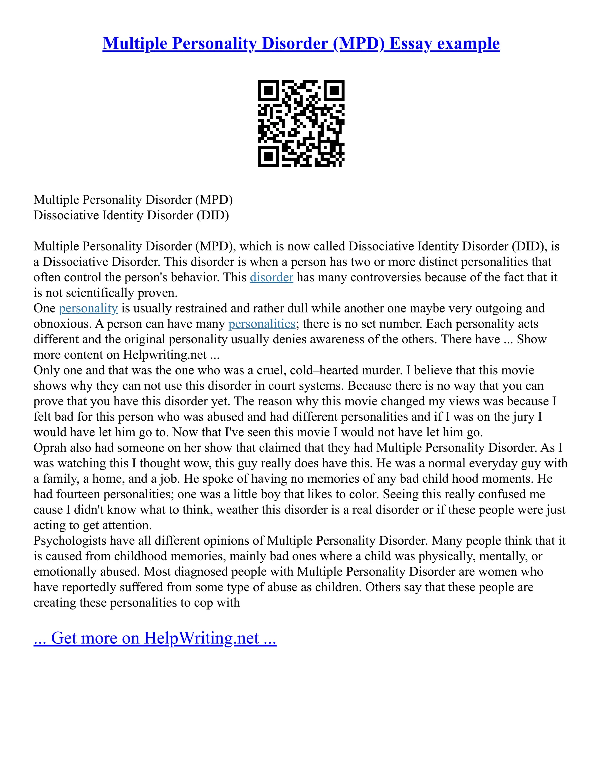 Multiple Personality Disorder (MPD) Essay Example | PDF | Mental Health ...