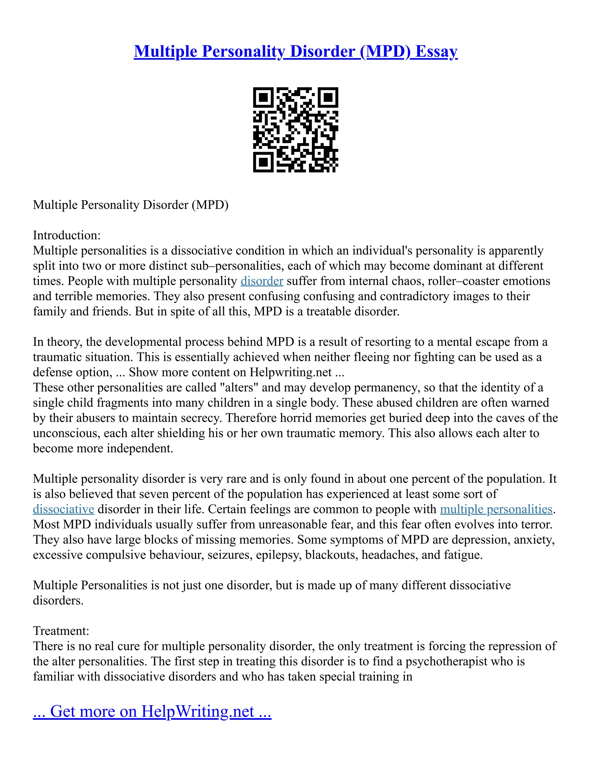 Multiple Personality Disorder (MPD) Essay Example | PDF | Mental Health ...