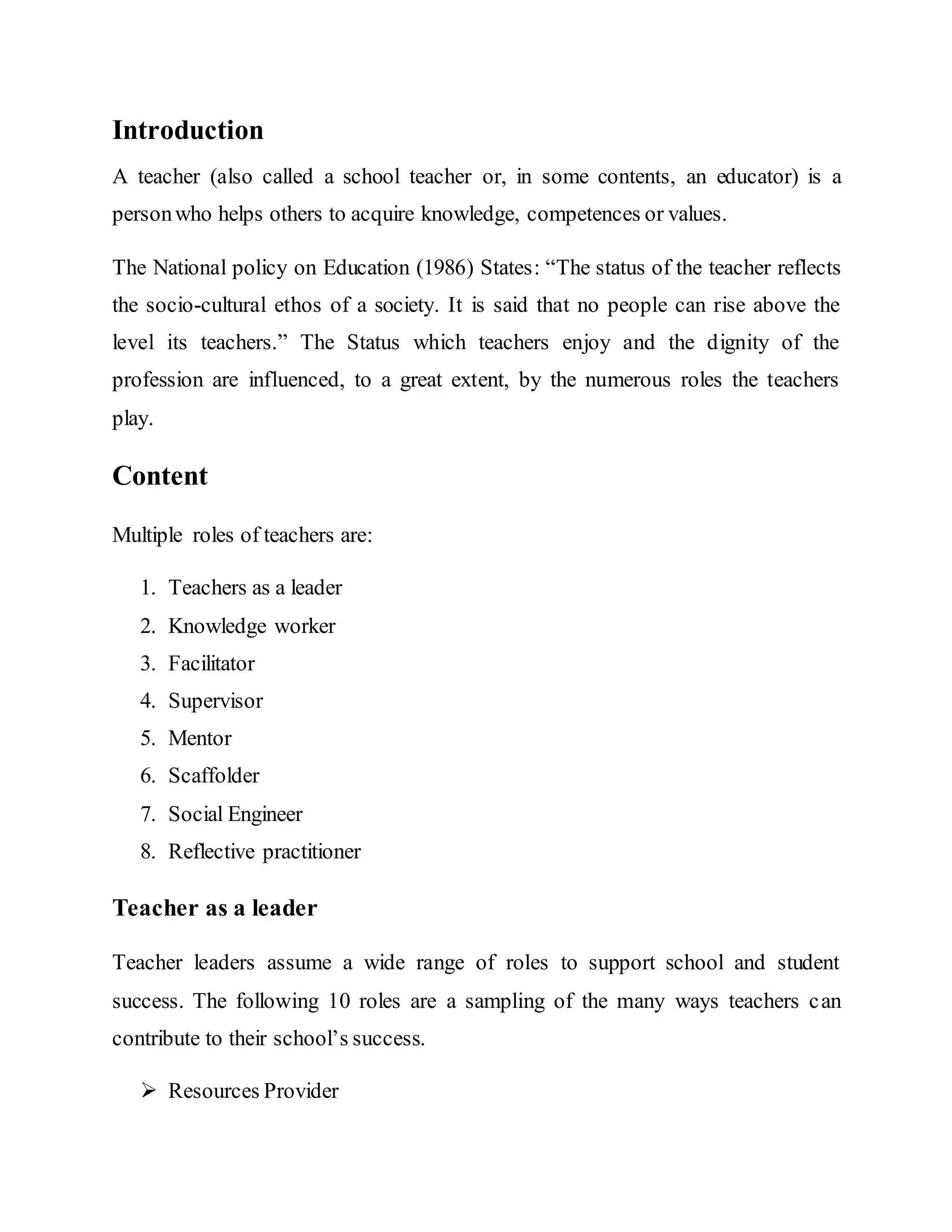Multiple roles of teacher | DOCX