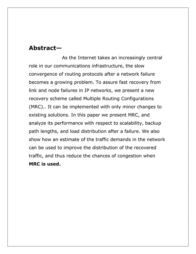 Multiple Routing Configurations For Fast Ip Network Recoverysynopsis