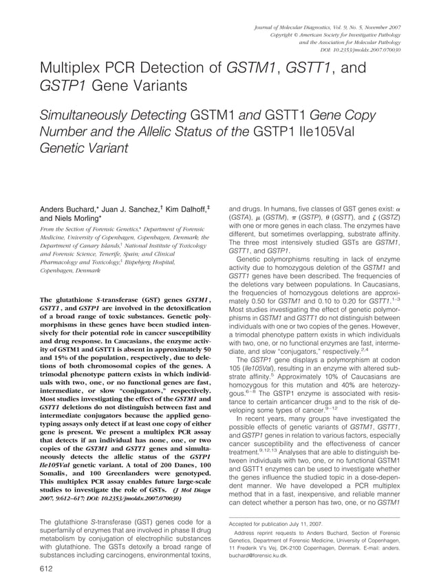 Multiplex pcr detection of gstm1, gstt1, and gstp1 gene variants | PDF