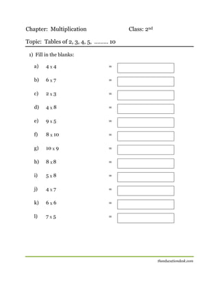 Maths: Multiplication Worksheet (CBSE Grade II ) | PDF