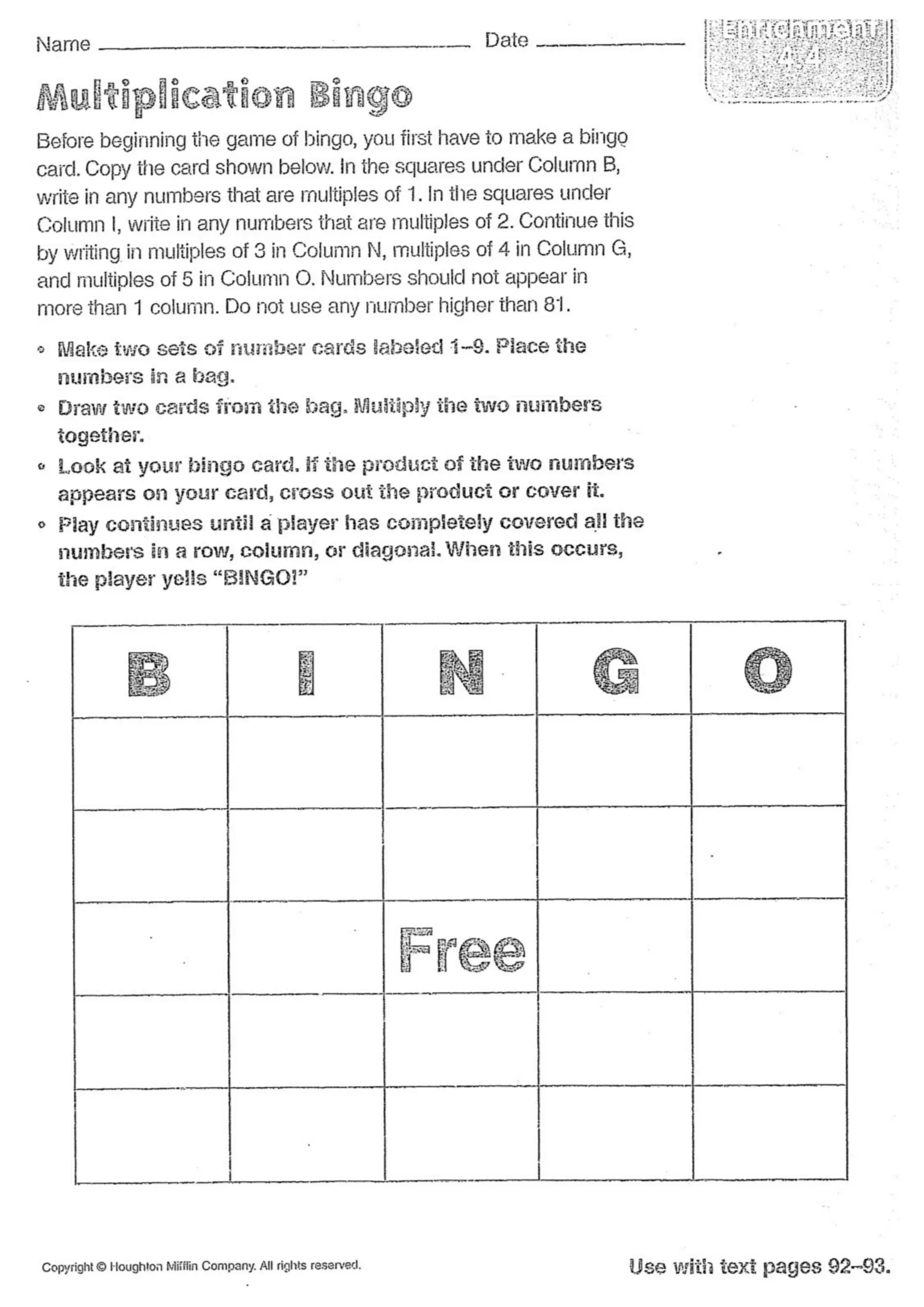Multiplication bingo | PDF