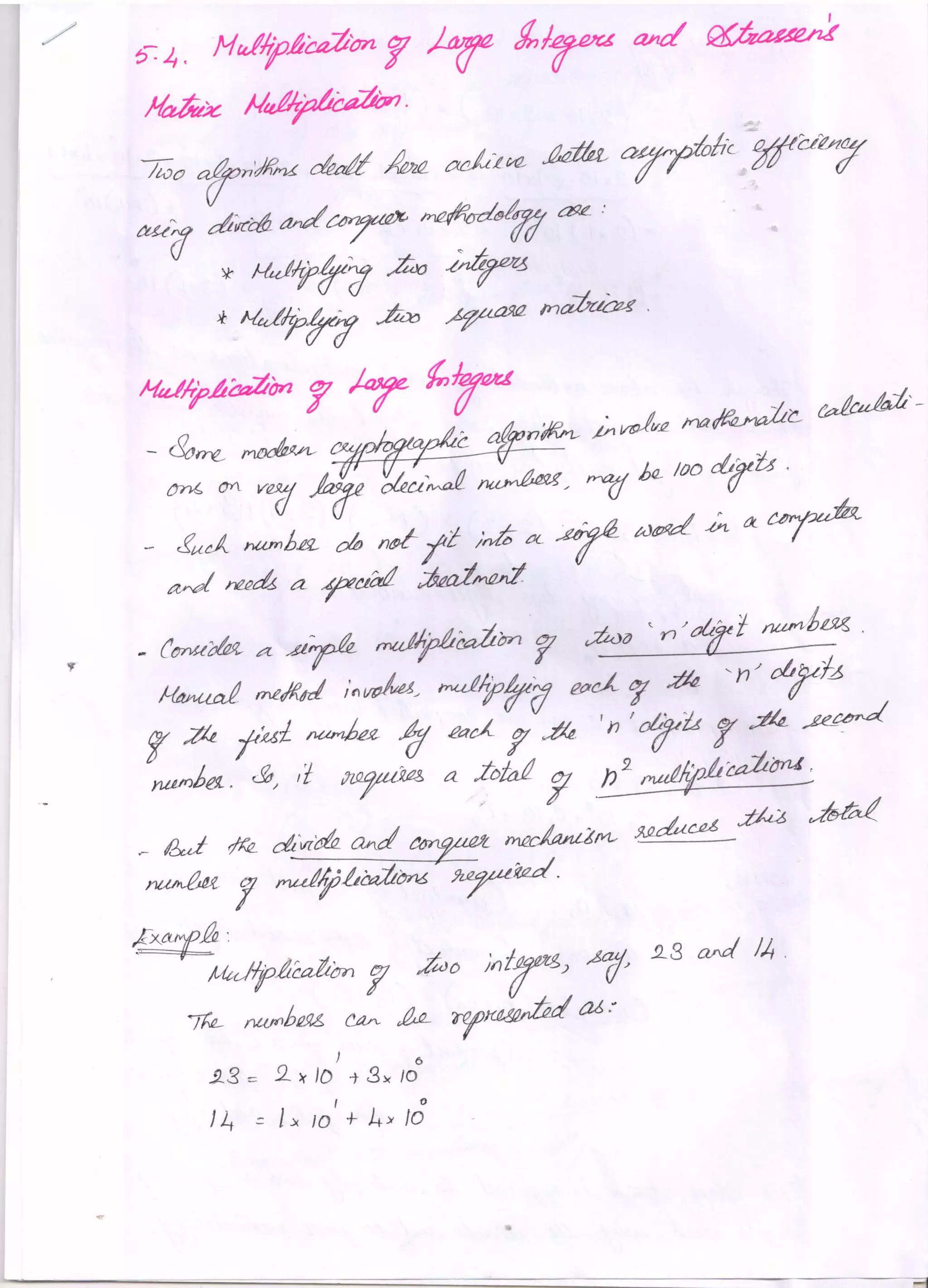Multiplication of integers & strassens matrix multiplication subi notes ...