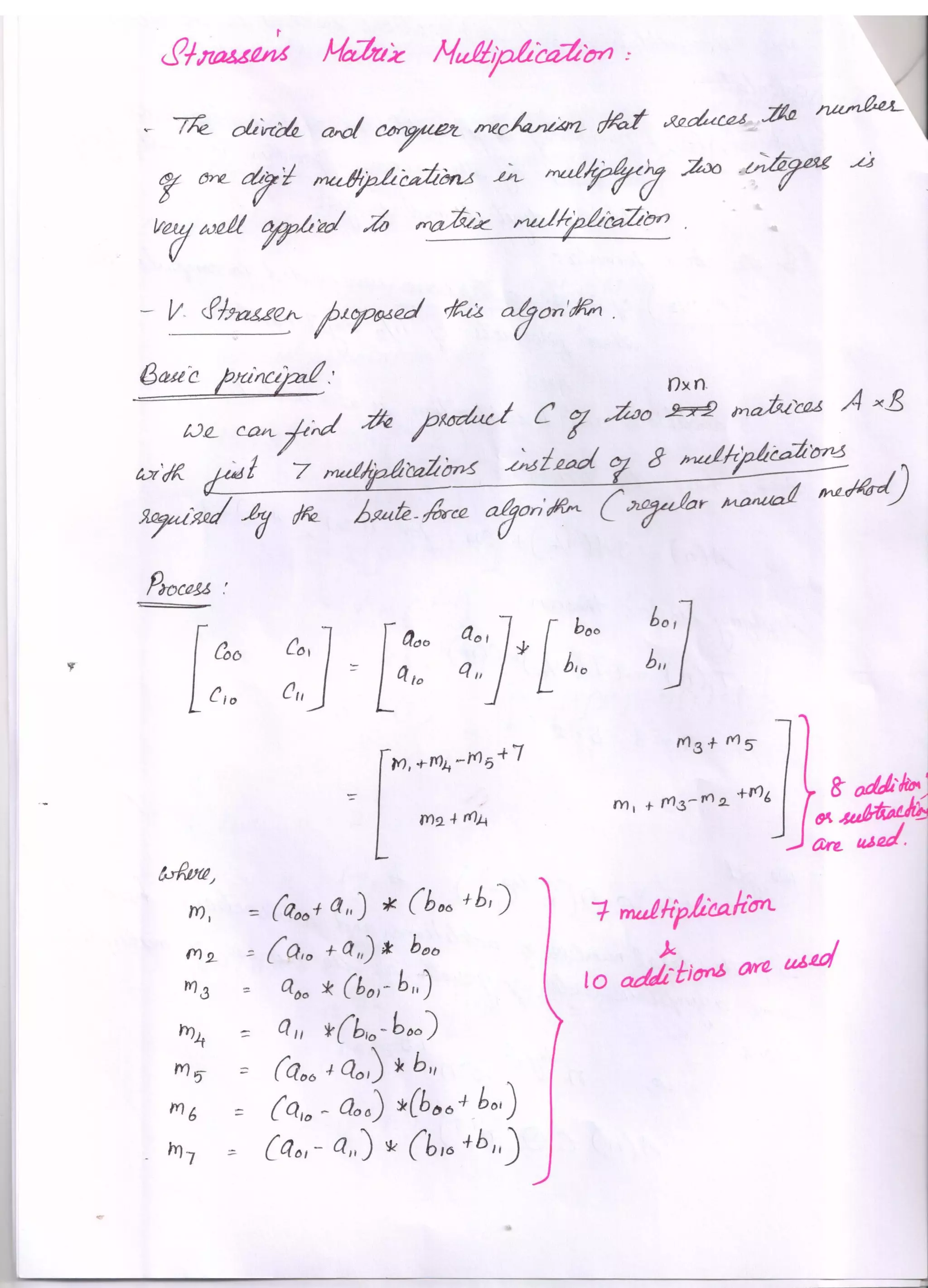 Multiplication of integers & strassens matrix multiplication subi notes ...