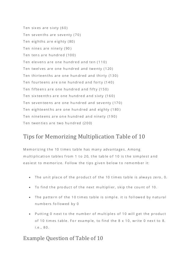 Multiplication Table of 10.pdf | Homework and Study | Education