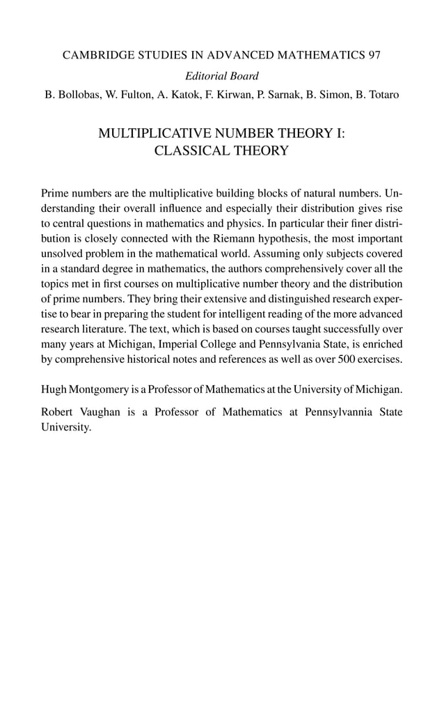 Multiplicative number theory i.classical theory cambridge | PDF ...