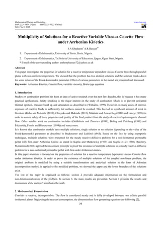 Multiplicity of solutions for a reactive variable viscous couette flow | PDF