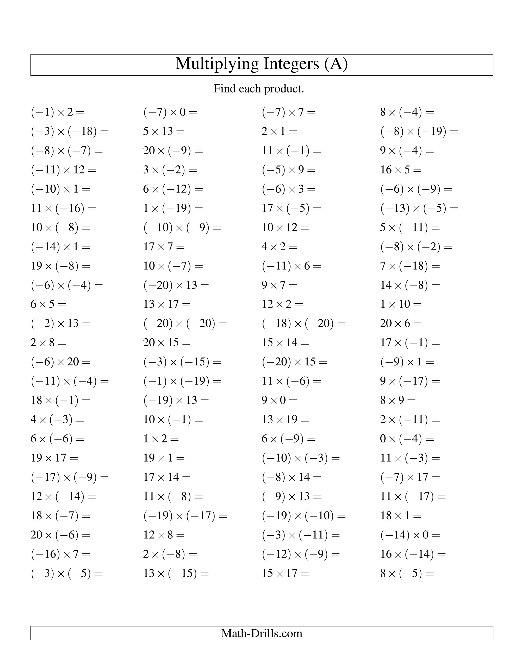 Multiplying integers homework sheet | PDF