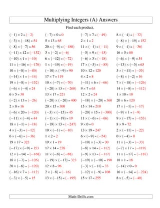 Multiplying Integers Worksheet