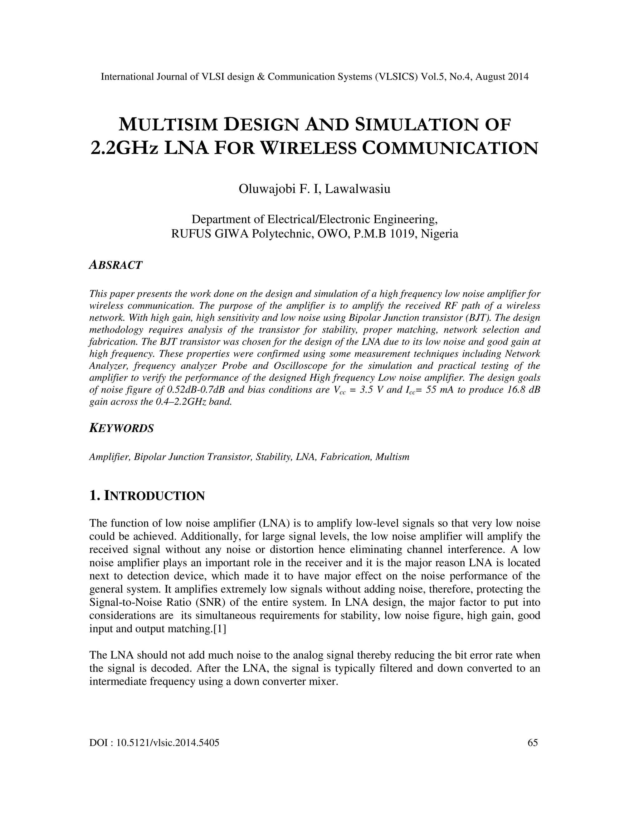 Multisim design and simulation of 2.2 g hz lna for wireless communication | PDF