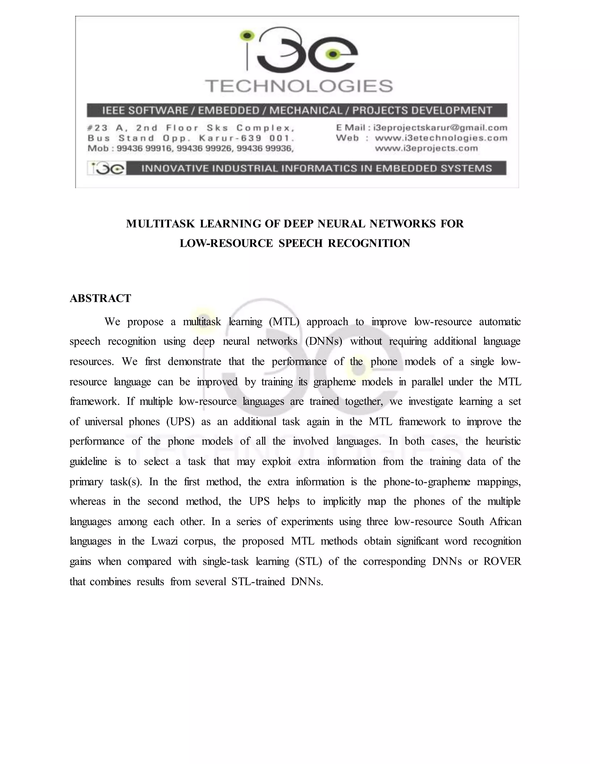 MULTITASK LEARNING OF DEEP NEURAL NETWORKS FOR LOW-RESOURCE SPEECH RECOGNITION | PDF | Free Download