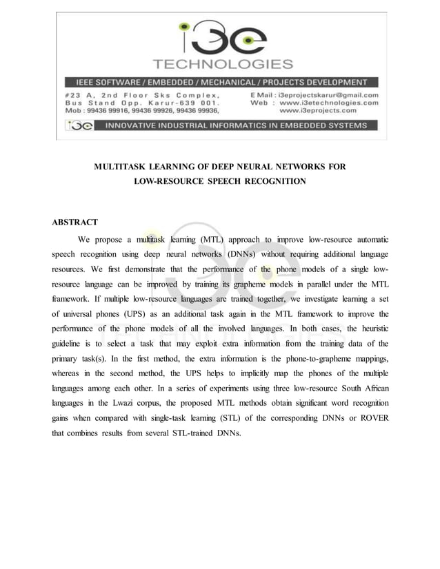 MULTITASK LEARNING OF DEEP NEURAL NETWORKS FOR LOW-RESOURCE SPEECH RECOGNITION | PDF | Free Download
