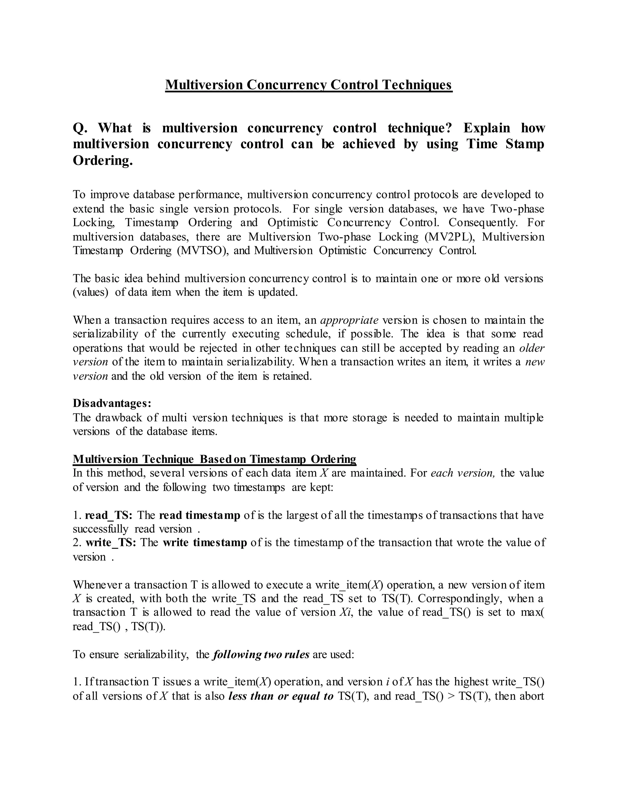 Multiversion Concurrency Control Techniques | DOCX Multiversion Concurrency Control Techniques | DOCX