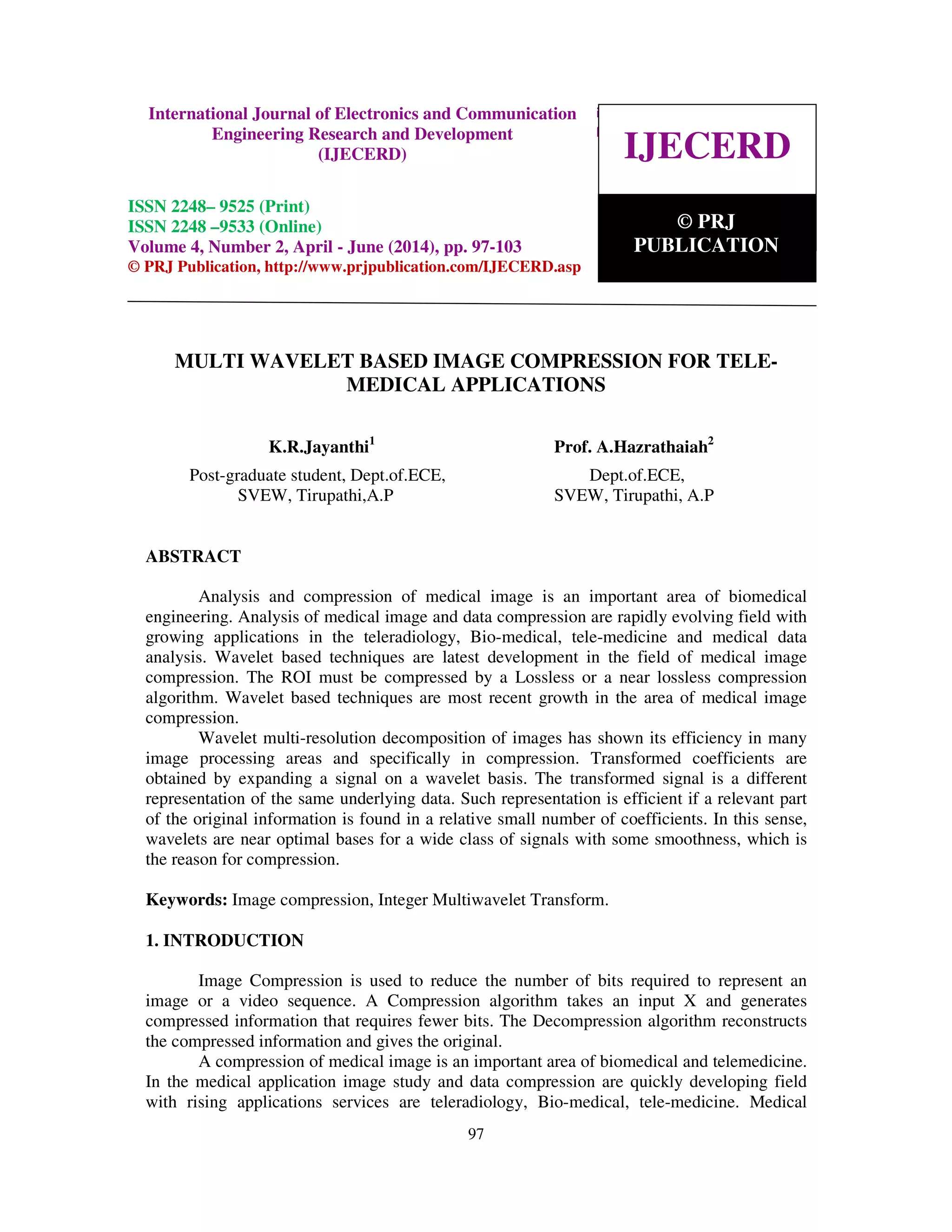 MULTI WAVELET BASED IMAGE COMPRESSION FOR TELE MEDICAL APPLICATION | PDF | Computing ...