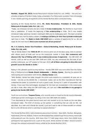 Honda launches CBR650F, unveils new CB Hornet 160 - Press Release ...