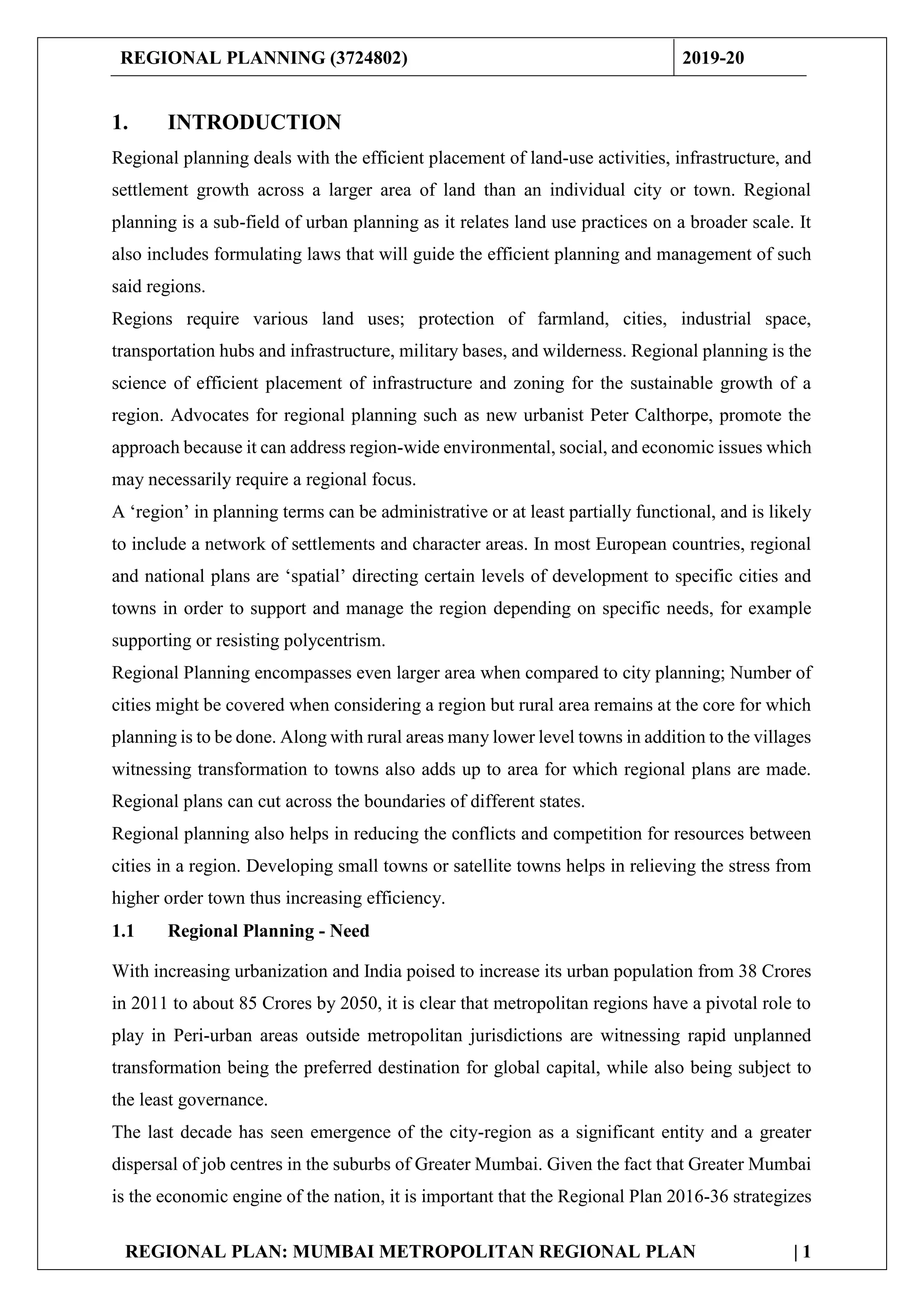 REGIONAL PLAN: A CASE OF MUMBAI METROPOLITAN REGION | PDF