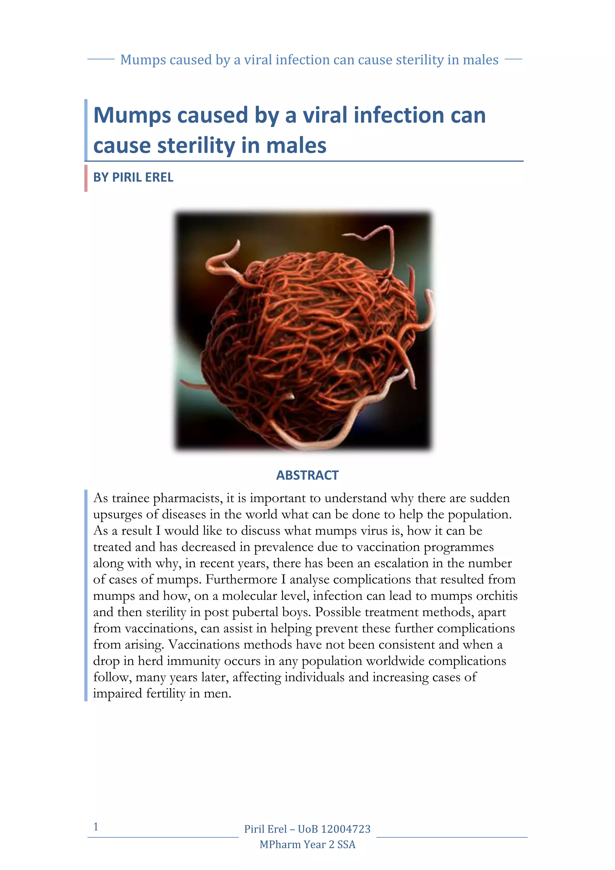 Mumps caused by a viral infection can cause sterility in males - Piril Erel | PDF