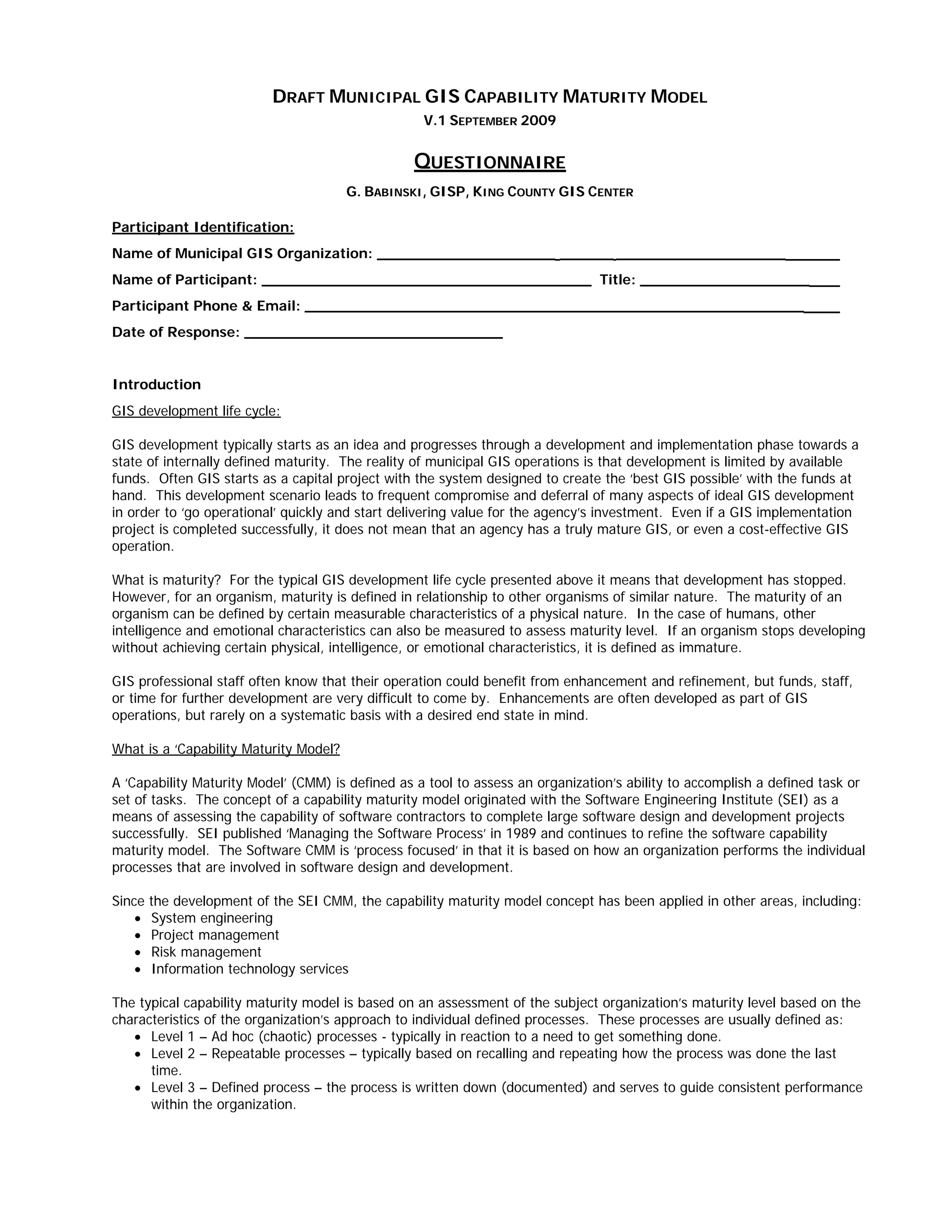 Municipal GIS Capability Maturity Model Questionnaire | PDF