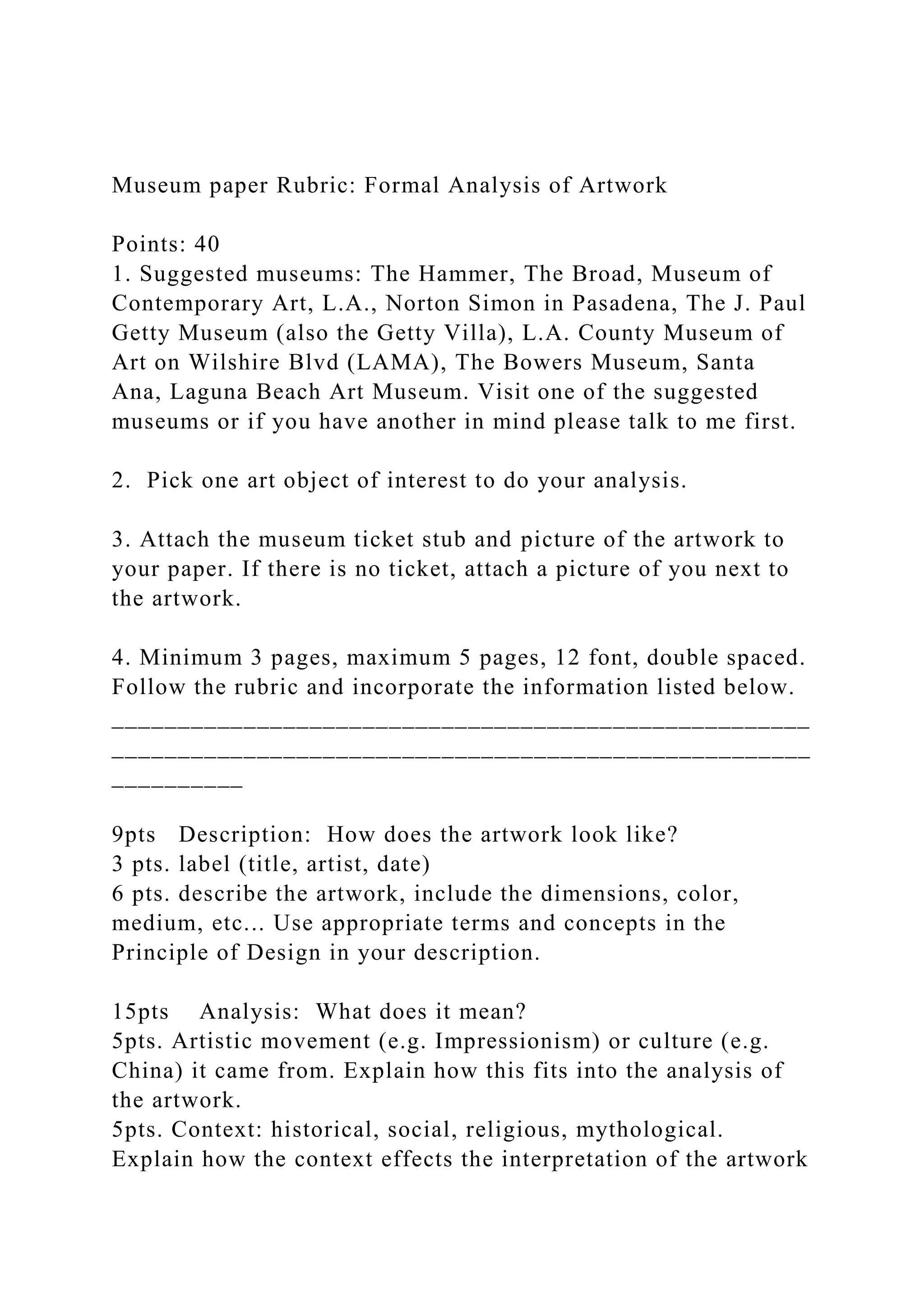 Museum paper Rubric Formal Analysis of Artwork Points 401..docx