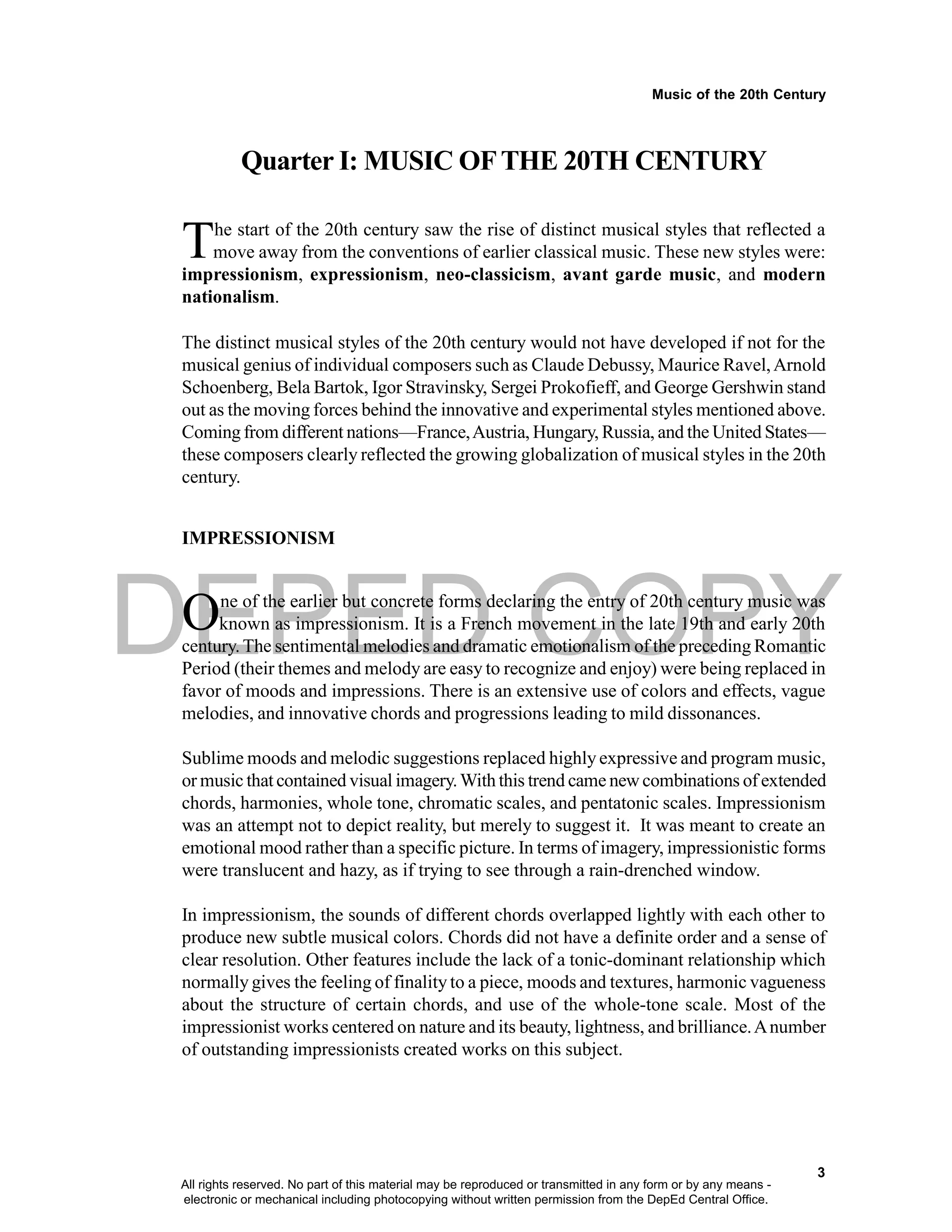 Grade 10 Music - Learning Material {Unit I: MUSIC OF THE 20TH CENTURY ...