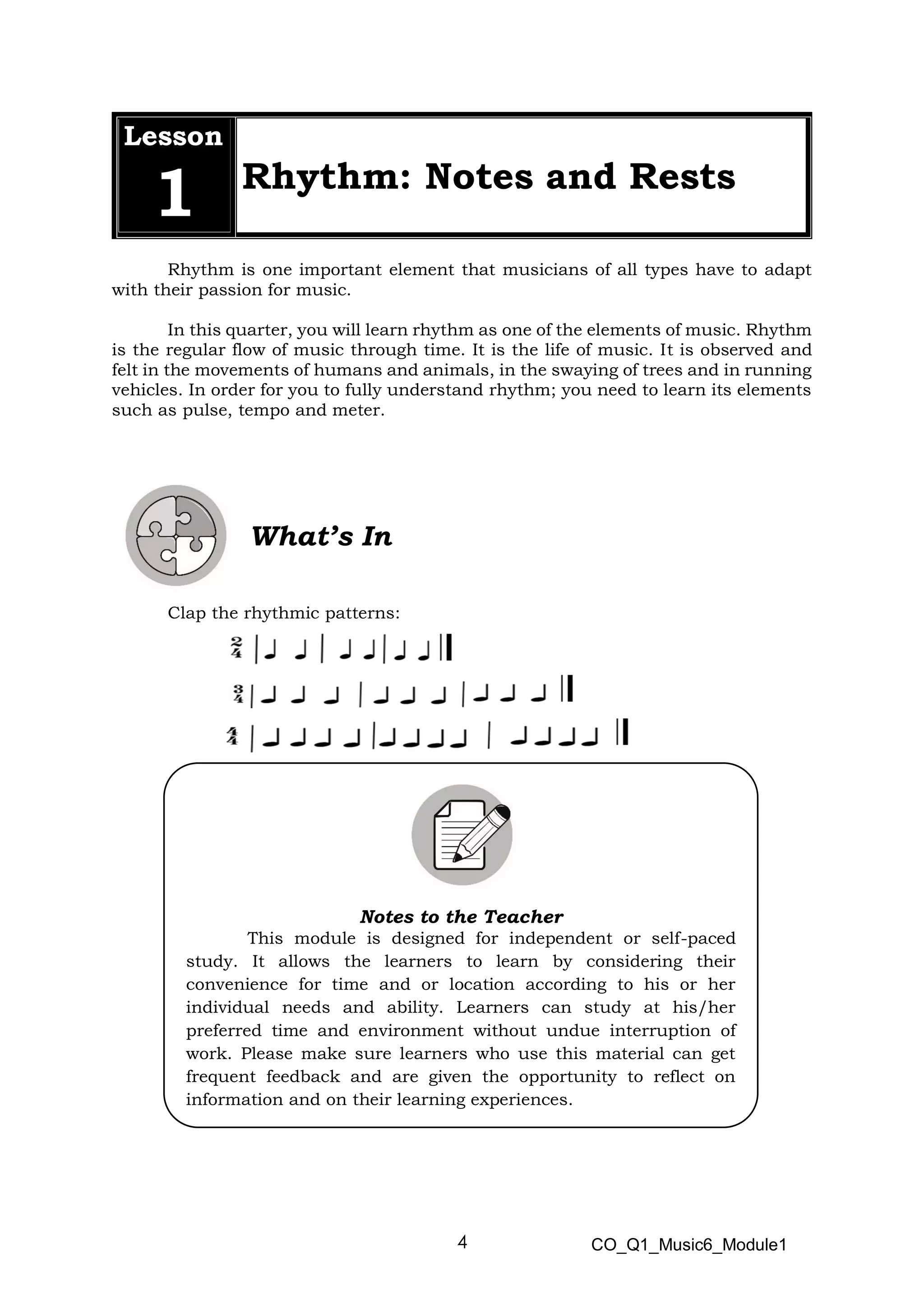 Music6 q1 mod1_rhythm-notes-and-rests_version3 | PDF | Music ...