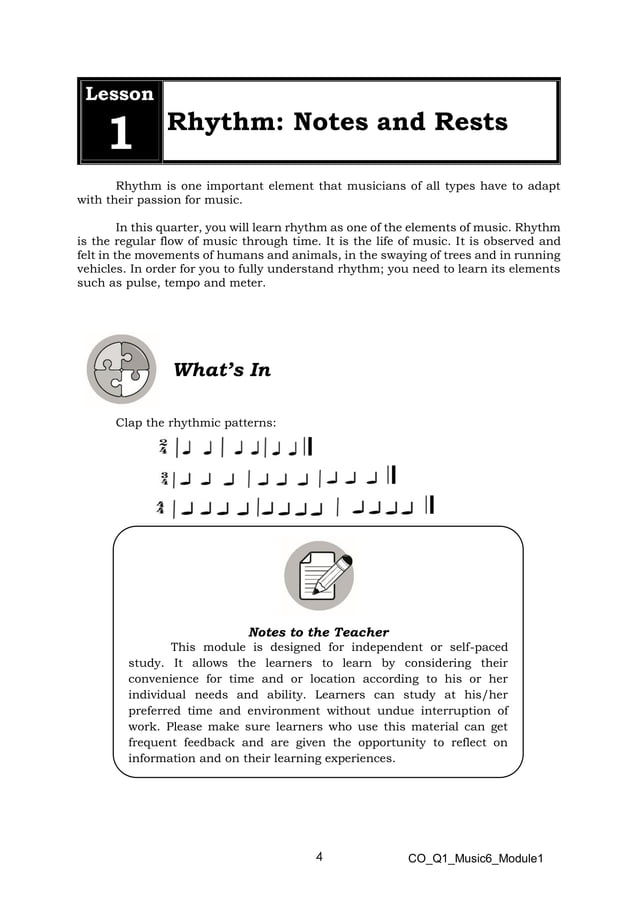 Music6 q1 mod1_rhythm-notes-and-rests_version3 | PDF | Music ...