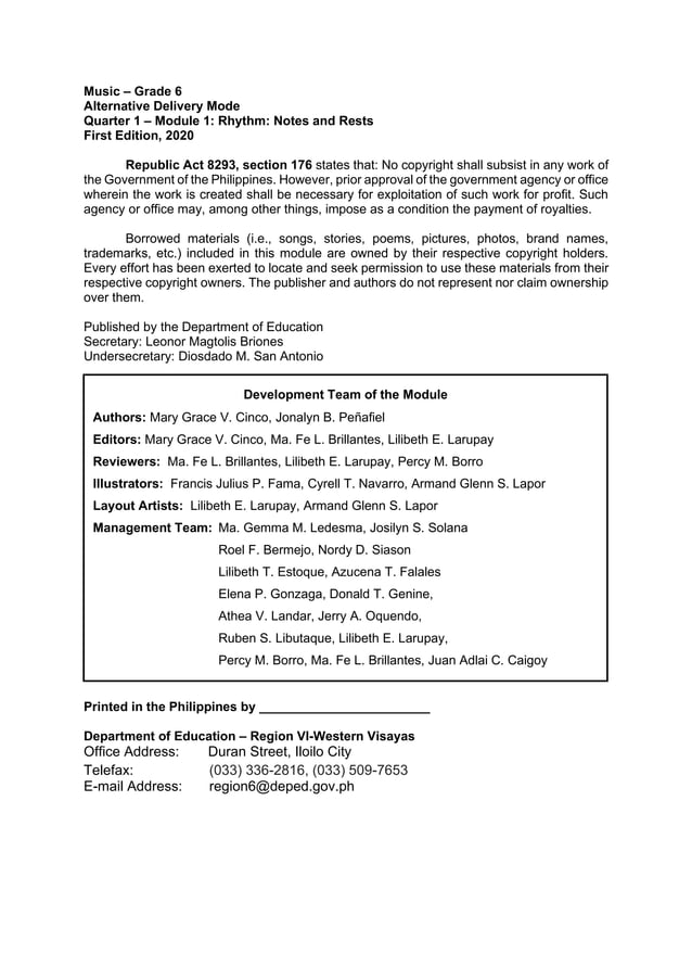 Music6 q1 mod1_rhythm notes and rests_final08032020 | PDF