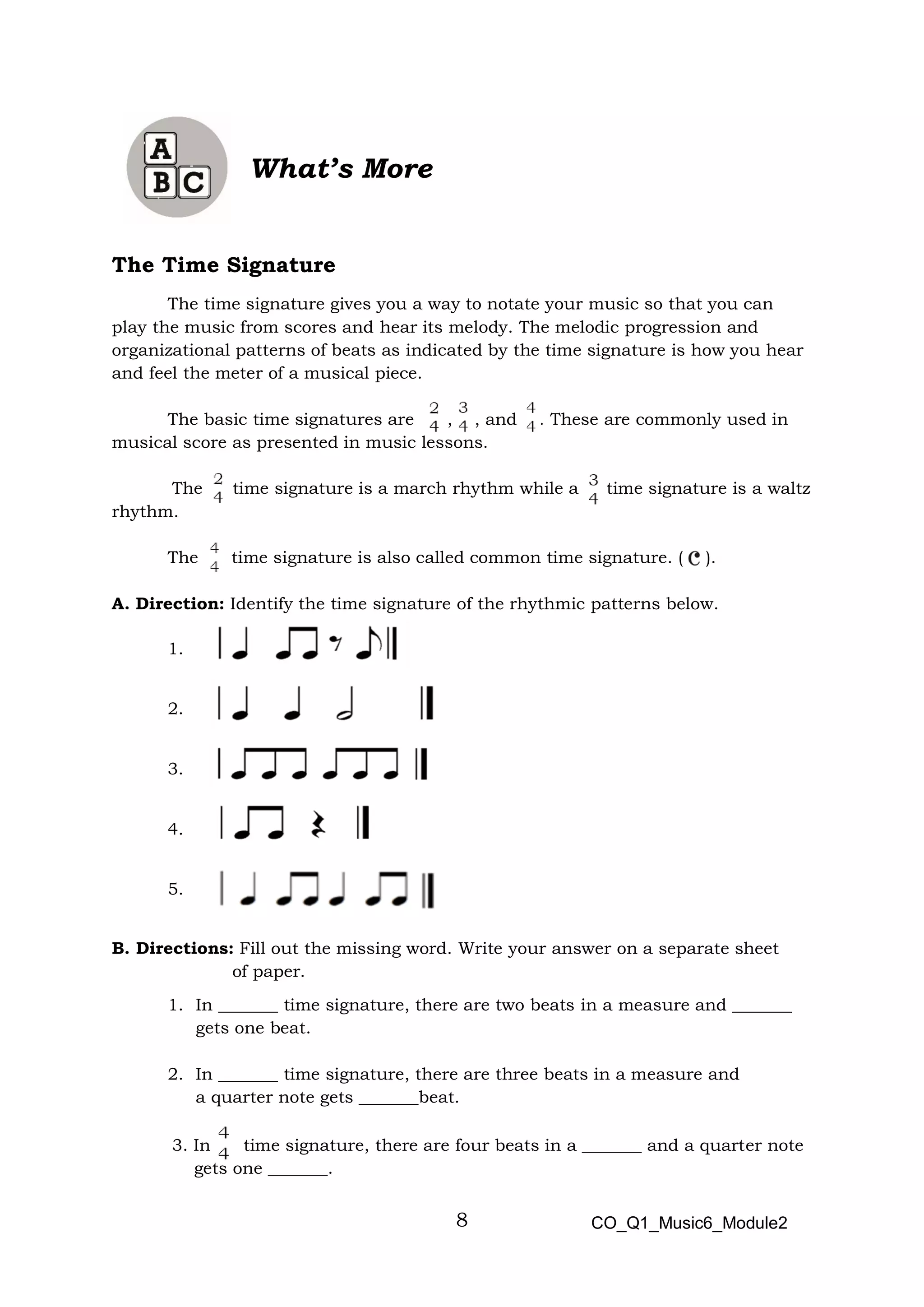 Music6 q1 mod2_rhythm-differentiate-time-signatures_version3 | PDF