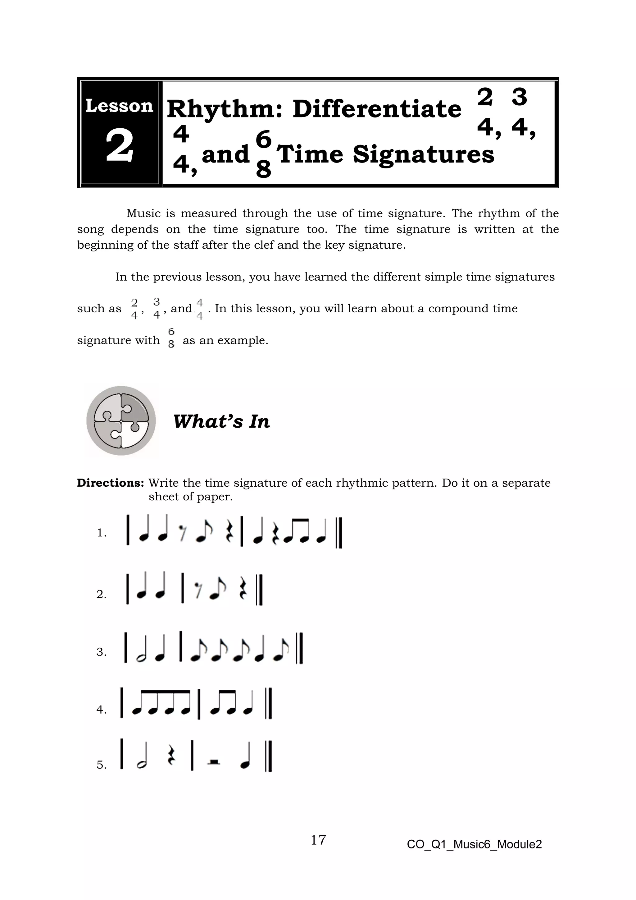 Music6 q1 mod2_rhythm-differentiate-time-signatures_version3 | PDF