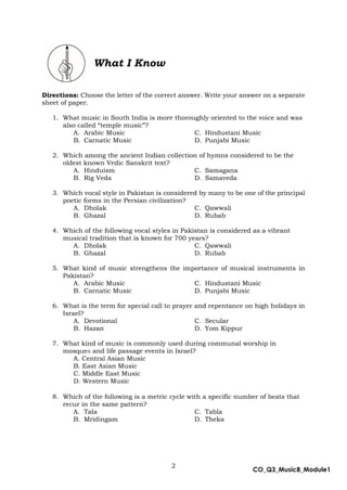 MUSIC8 quarter 3 grade 8 south asia module 1 | PDF