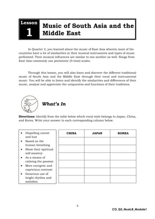 MUSIC8 quarter 3 grade 8 south asia module 1 | PDF