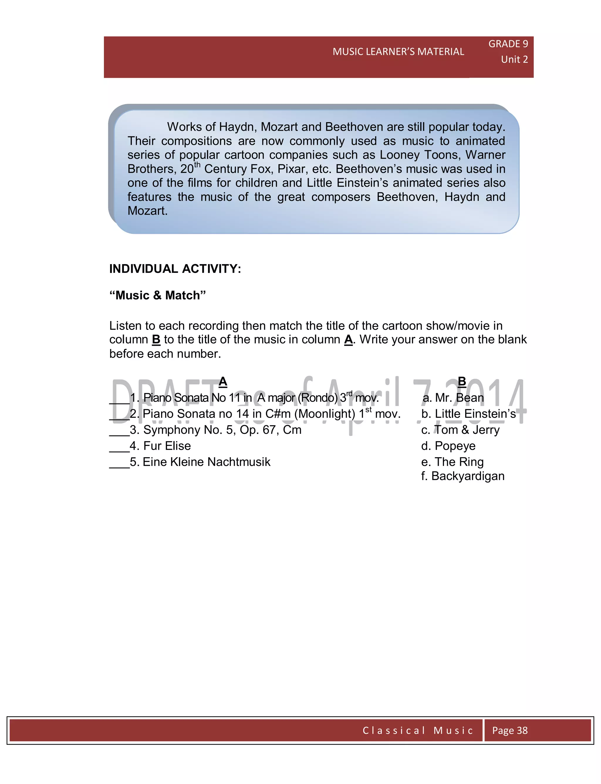 MAPEH Music Grade 9 | PDF