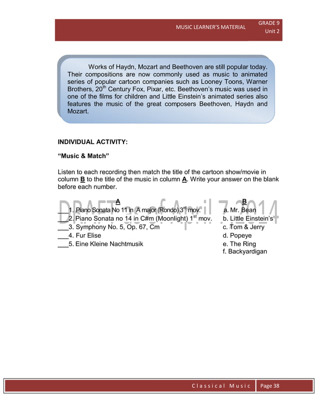 MAPEH Music Grade 9 | PDF