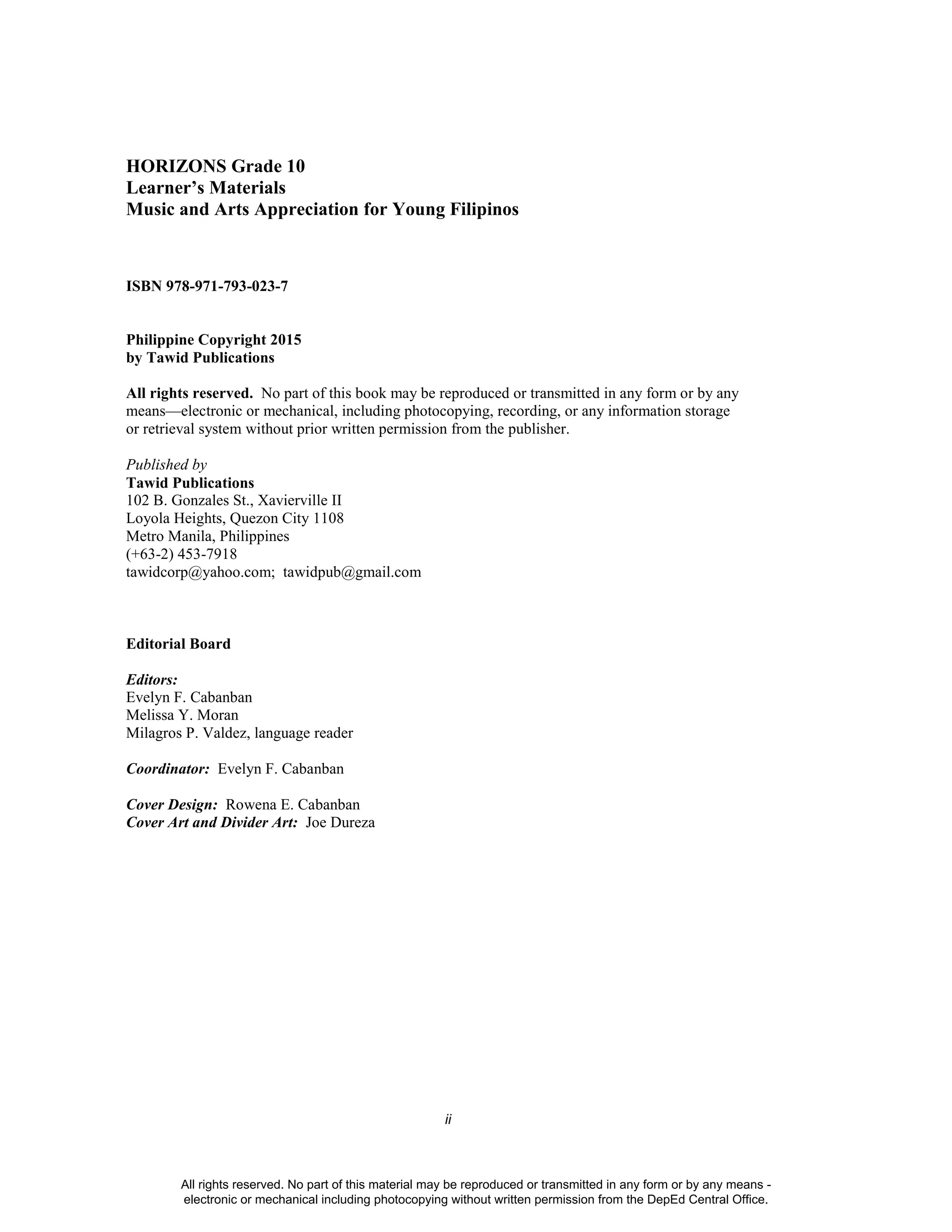MUSIC and ARTS Gr. 10 Learner's Module Quarter 1 to 4 complete | PDF