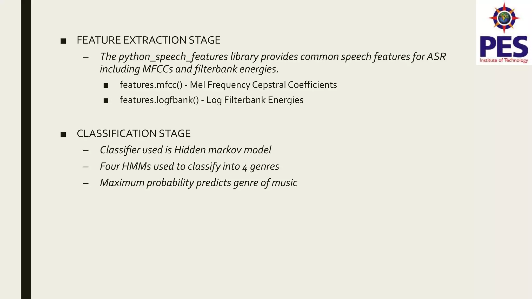 Music genre detection using hidden markov models | PPT