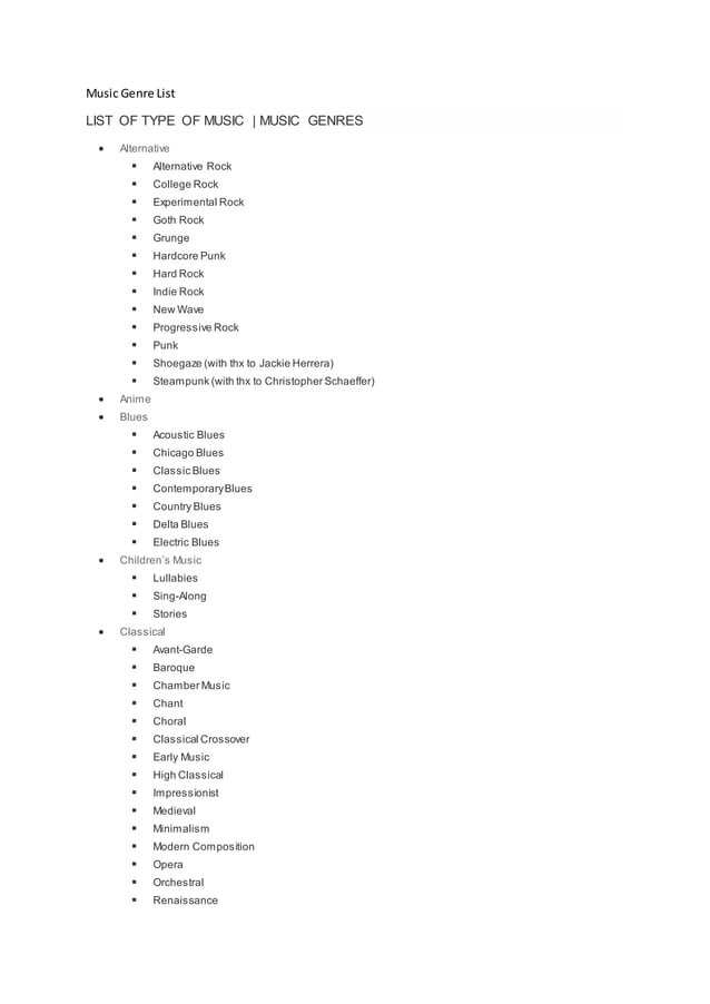 Music Genres List | DOCX