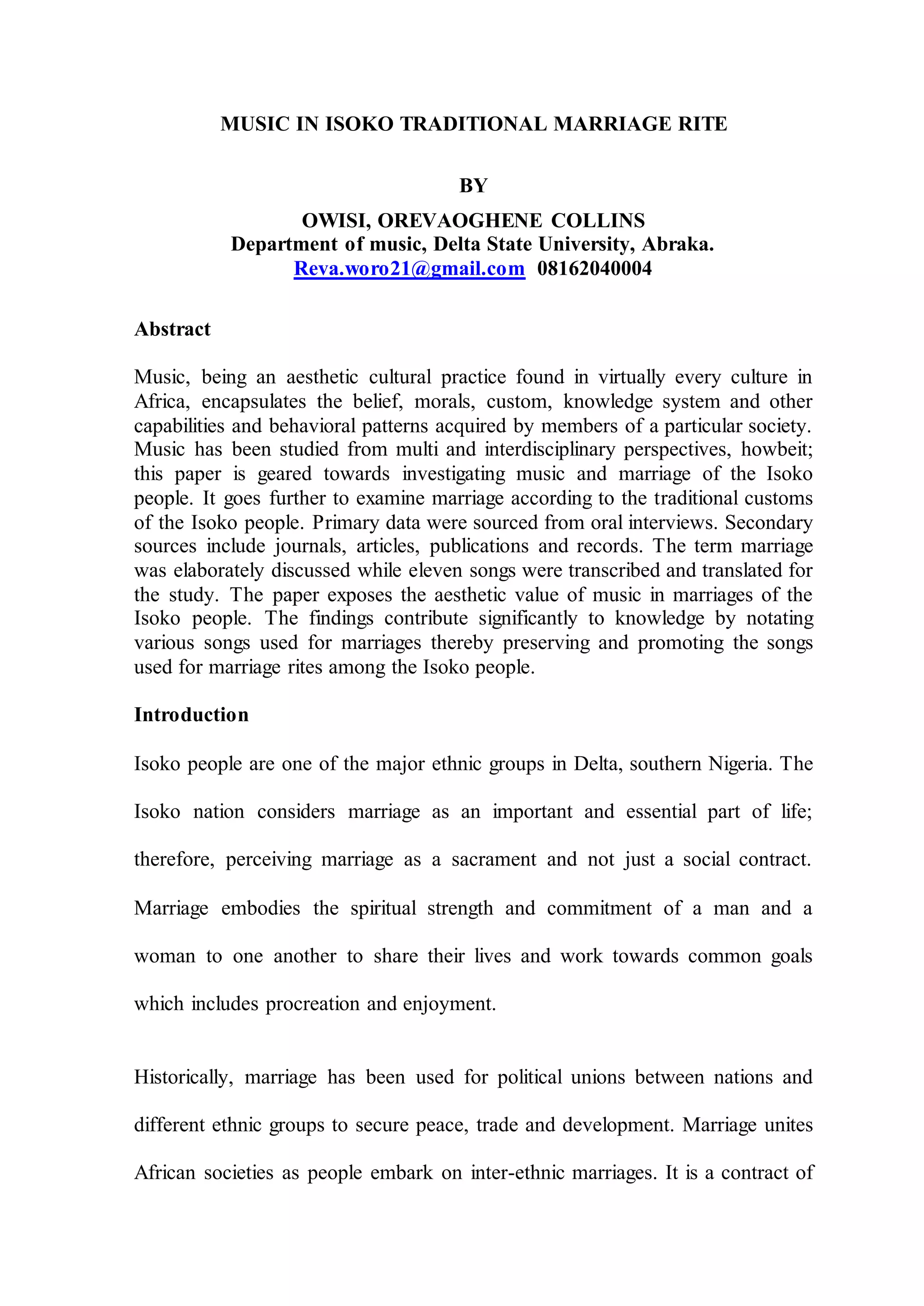 Music in isoko traditional marriage rite. | DOCX