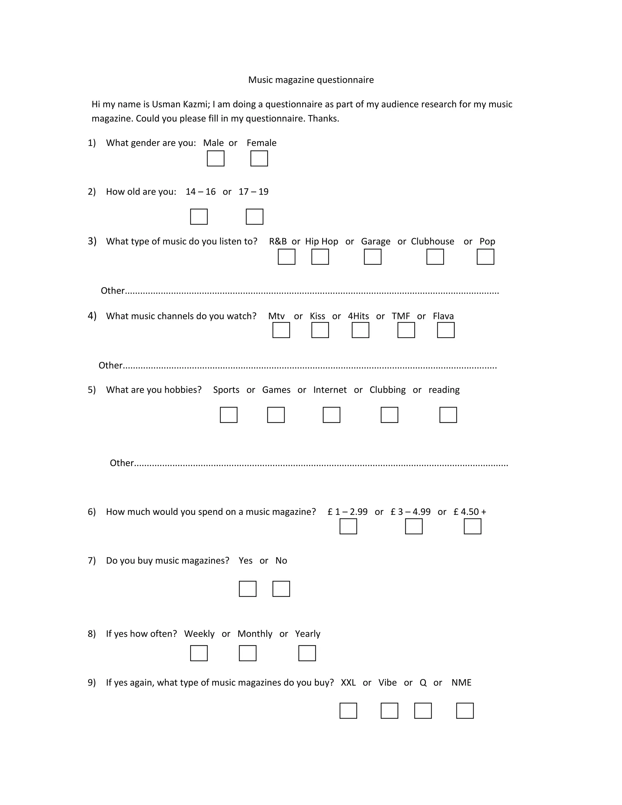 Music Magazine Questionnaire | PDF