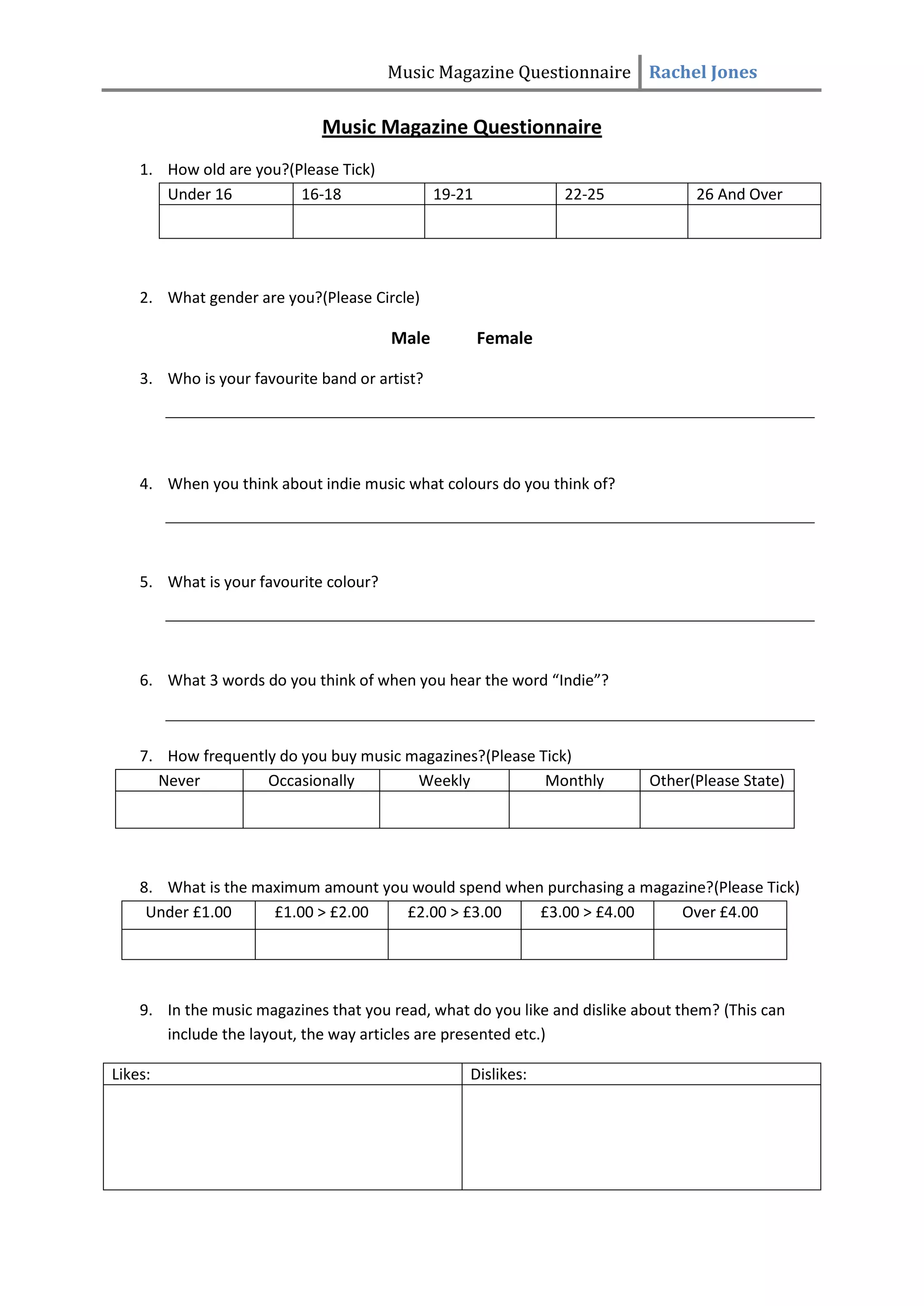 Music magazine questionnaire | DOCX
